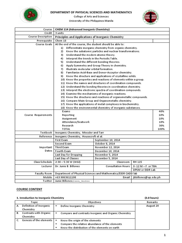 Chem 114 Syllabus Pdf Coordination Complex Molecular Orbital 