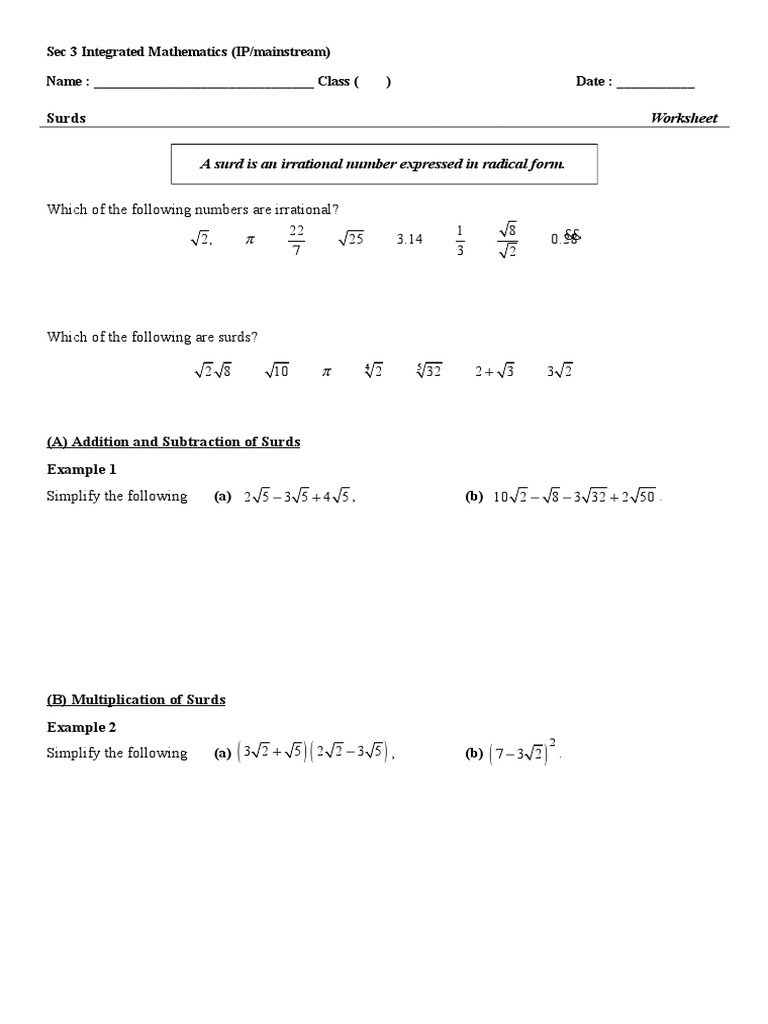 Sec 3 Surds (Worksheet) | PDF | Fraction (Mathematics) | Rational Number