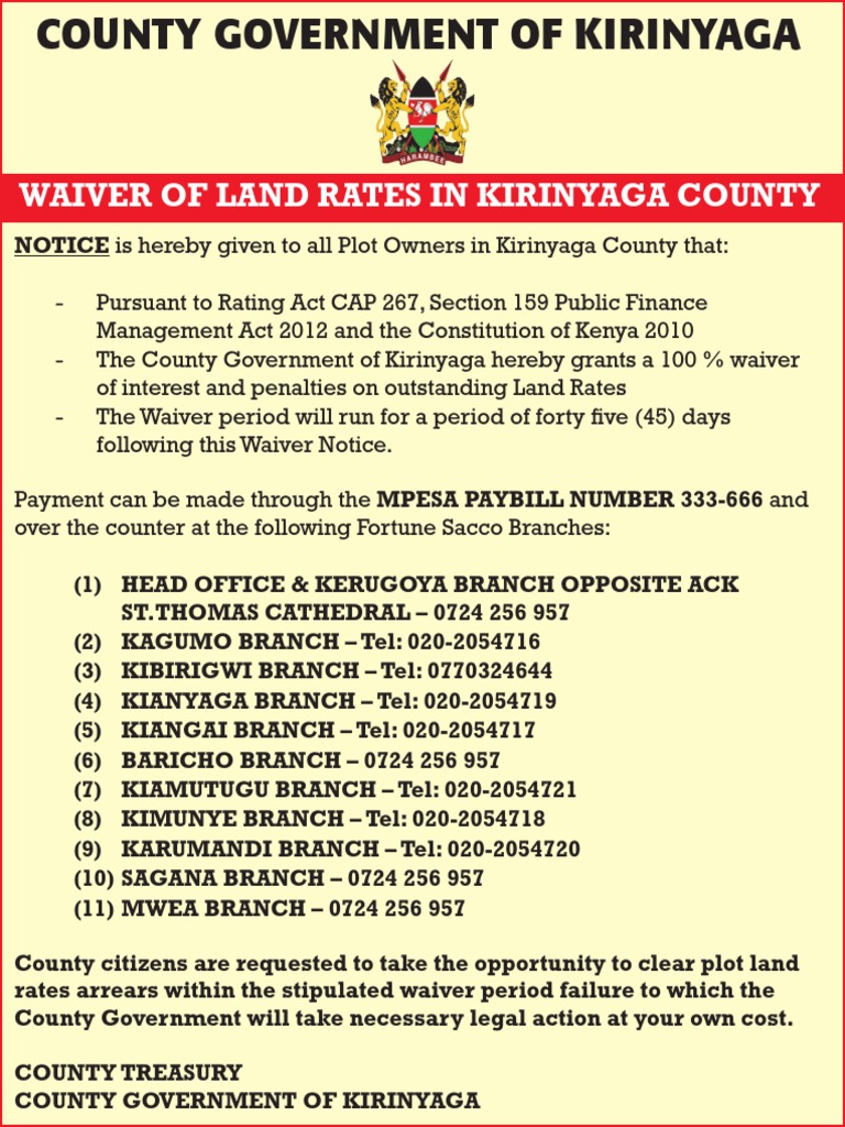 Waiver of Land Rates in Kirinyaga County | PDF | Government | Economies