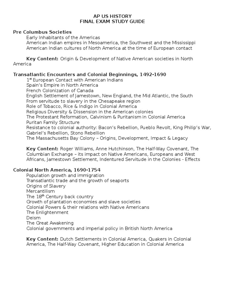 AP US History Final Exam Study Guide | PDF | Colonial History Of The United States | American ...