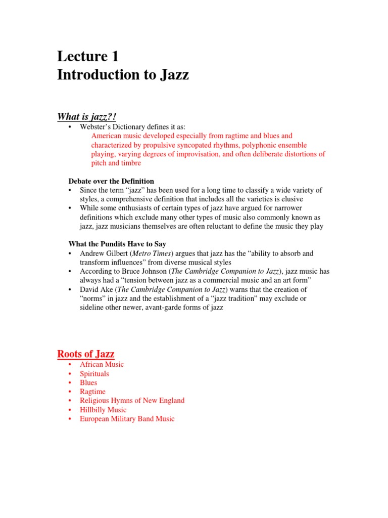 Lecture 1 (Introduction To Jazz) | PDF | Jazz | Blues