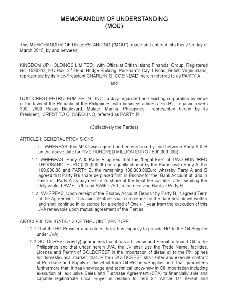 Memorandum of Understanding Chairman Gil | PDF | Joint Venture | Payments