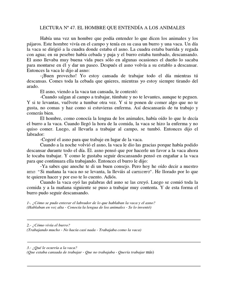 Lectura n47. El Hombre Que Entendía A Los Animales | PDF | Burro | Arado
