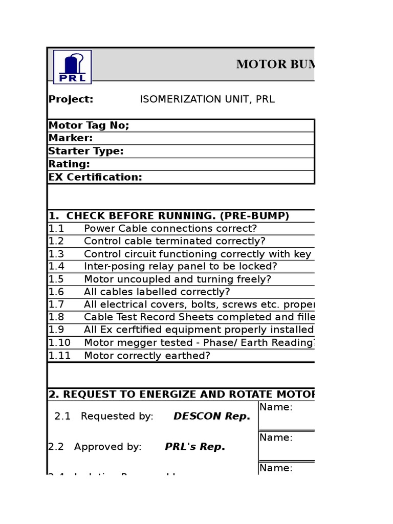 Motor Bump Test Record Sheet: Project: Motor Tag No Marker: Starter ...