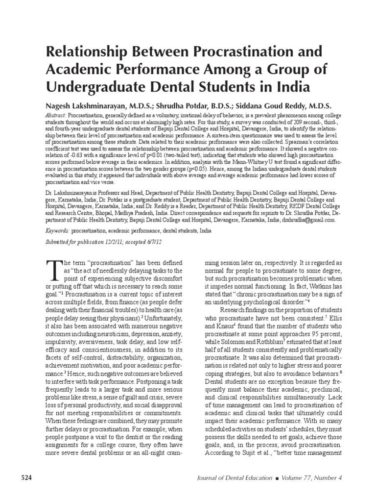 Relationship Between Procrastination and Academic Performance Among A Group of Undergraduate ...