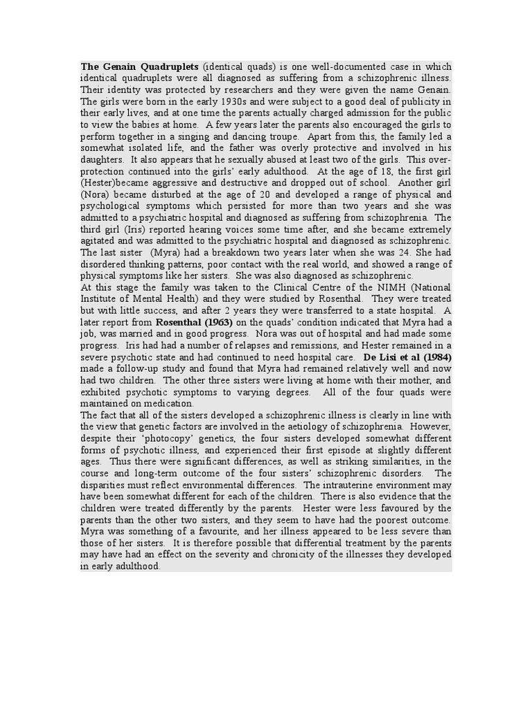 The Genain Quadruplets | PDF | Schizophrenia | Mental Disorder