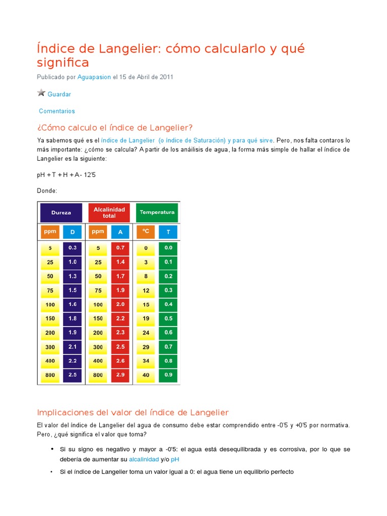 Indice de Langelier. Calculo | PDF