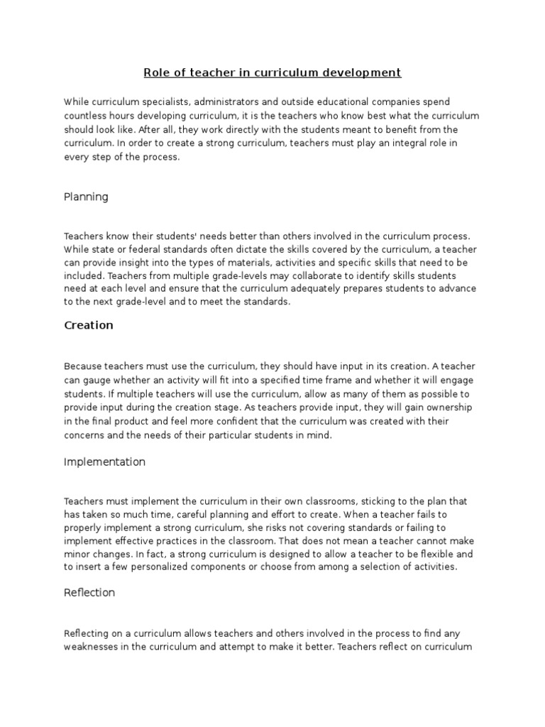 Role of Teacher in Curriculum Development | PDF | Evaluation | Curriculum