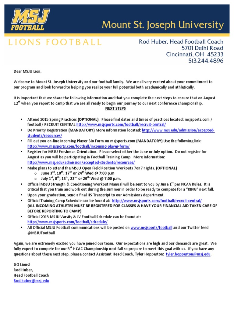 MSJU Football Incoming Player Guide | PDF | Sports