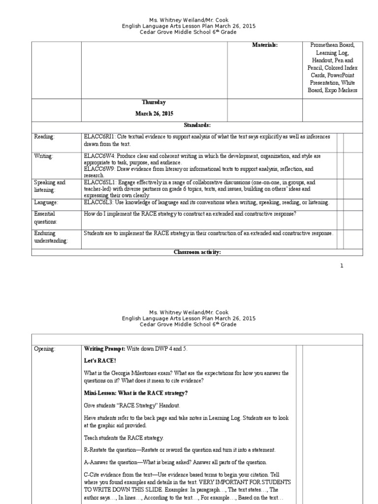 Race Lesson Plan | PDF | Lesson Plan | Question