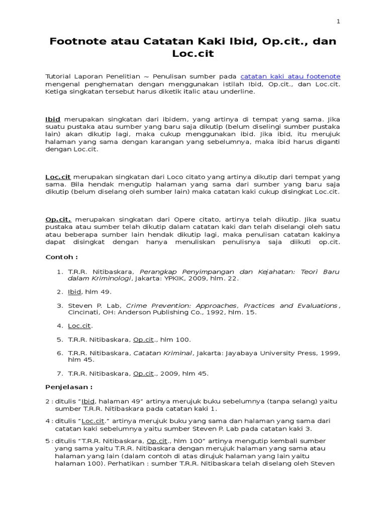 Footnote Atau Catatan Kaki Ibid, Op - Cit., Dan Loc - Cit | PDF | Ilmu ...