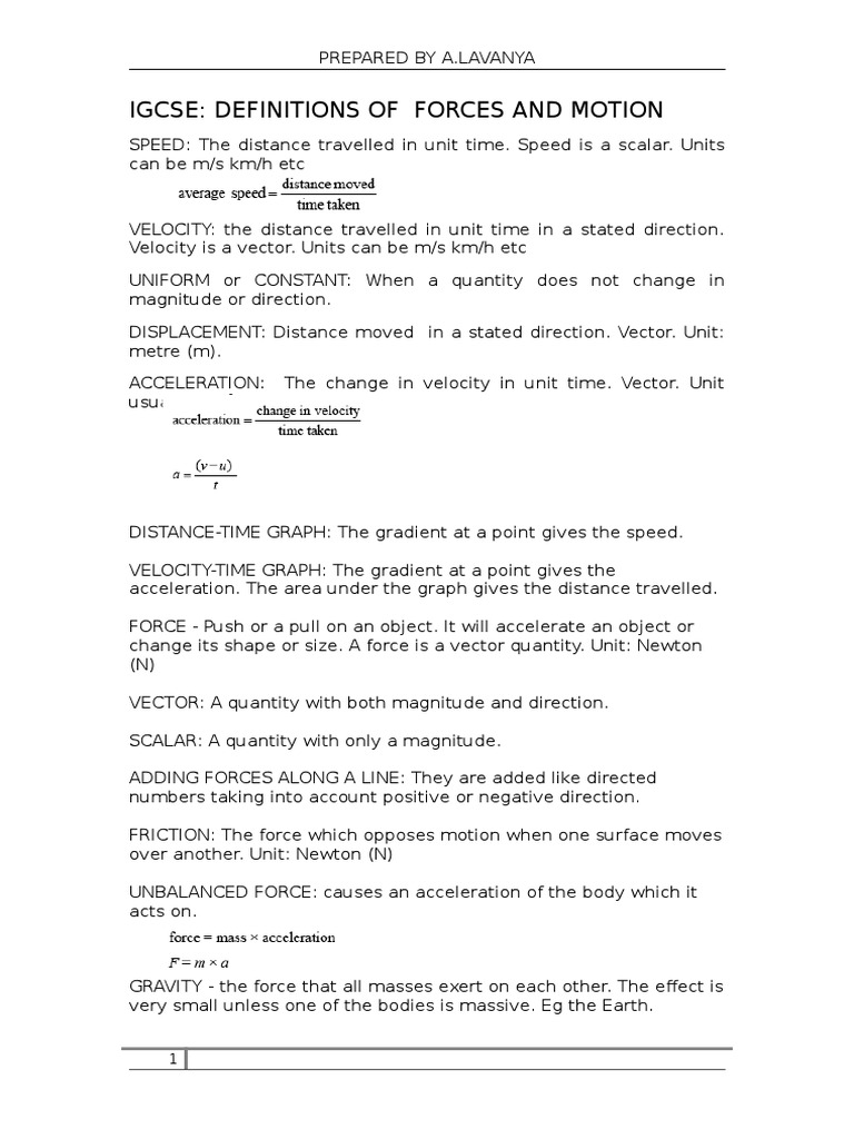 IGCSE Forces and Motion Definitions and Concepts | PDF | Orbit | Acceleration