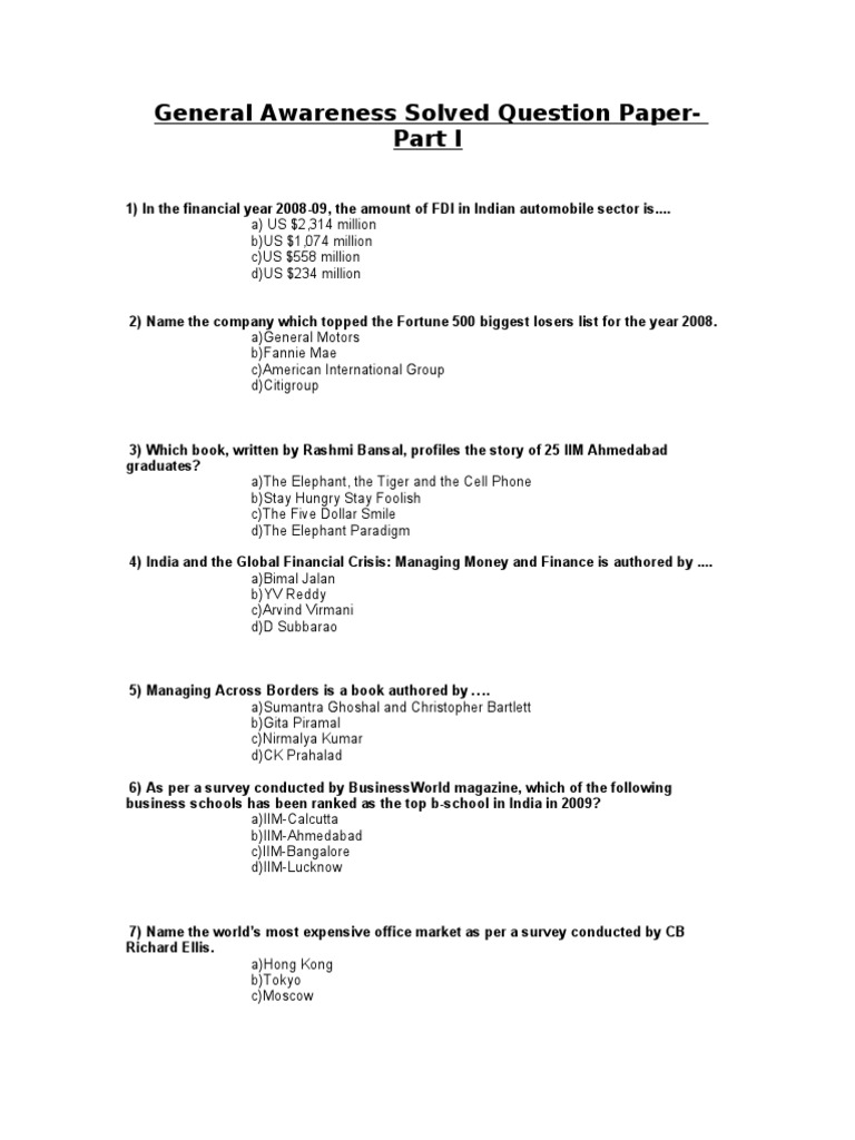 General Awareness - Part I | PDF | Travel