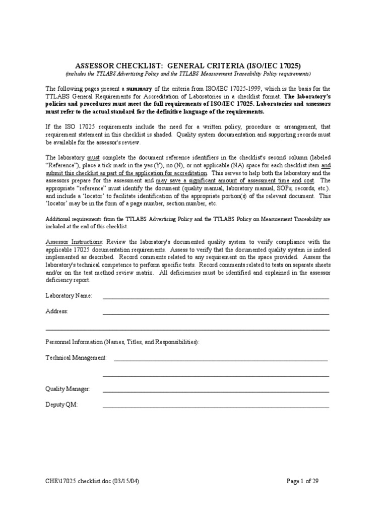 ISO 17025 - Sample Checklist | PDF | Calibration | Metrology