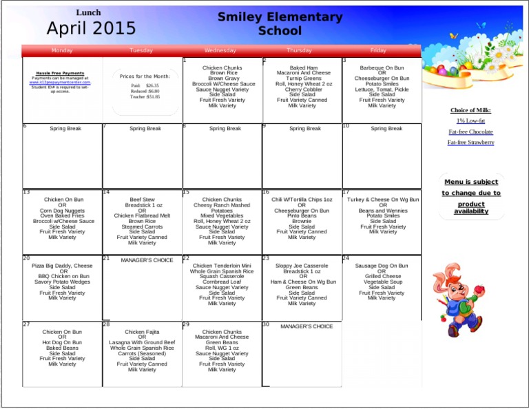 April 2015 Lunch Menu for Smiley Elementary | PDF