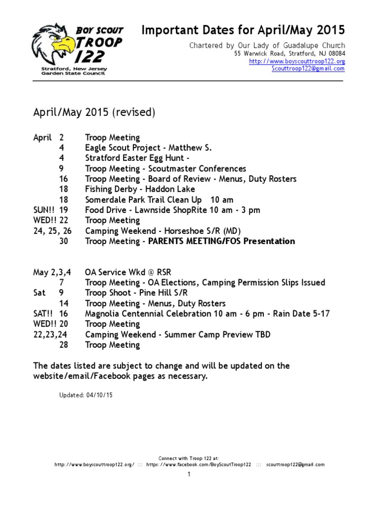 April-May 2015 Troop 122 Events Schedule | PDF | Cooking, Food & Wine