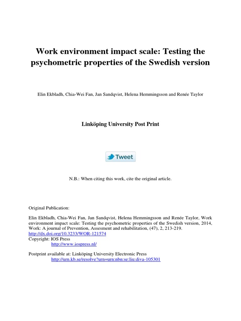 Work Environment Impact Scale: Testing The Psychometric Properties of ...