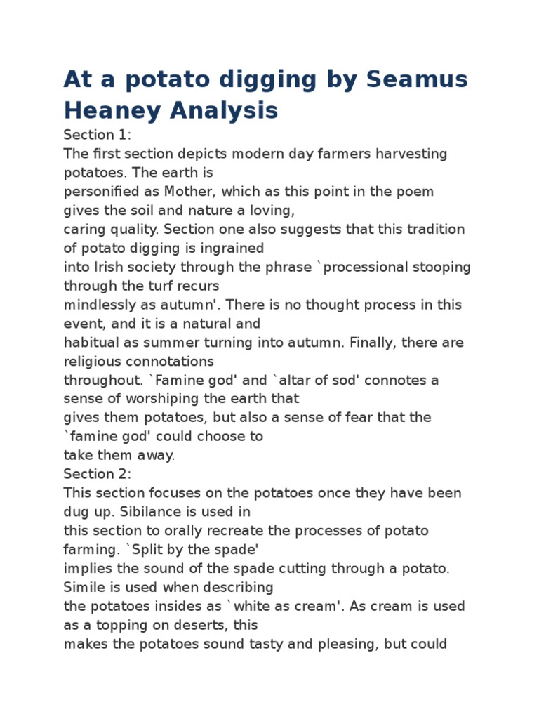 At A Potato Digging by Seamus Heaney Analysis | PDF | Potato