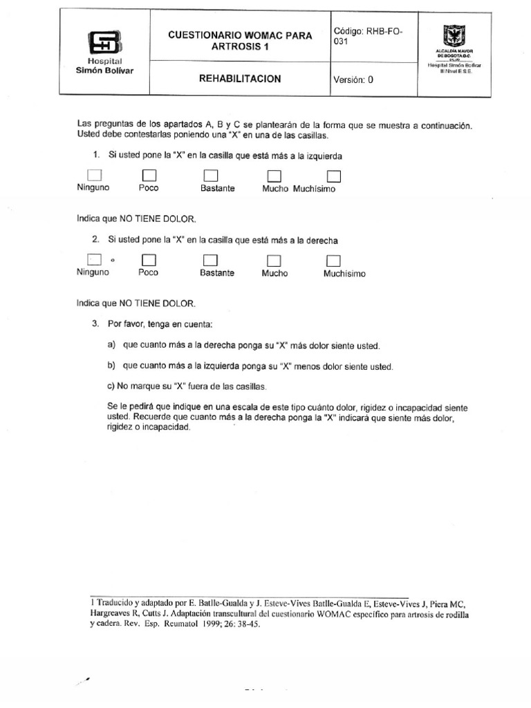 RHB-FO-031 Cuestionario Womac para Artrosis 1 | PDF