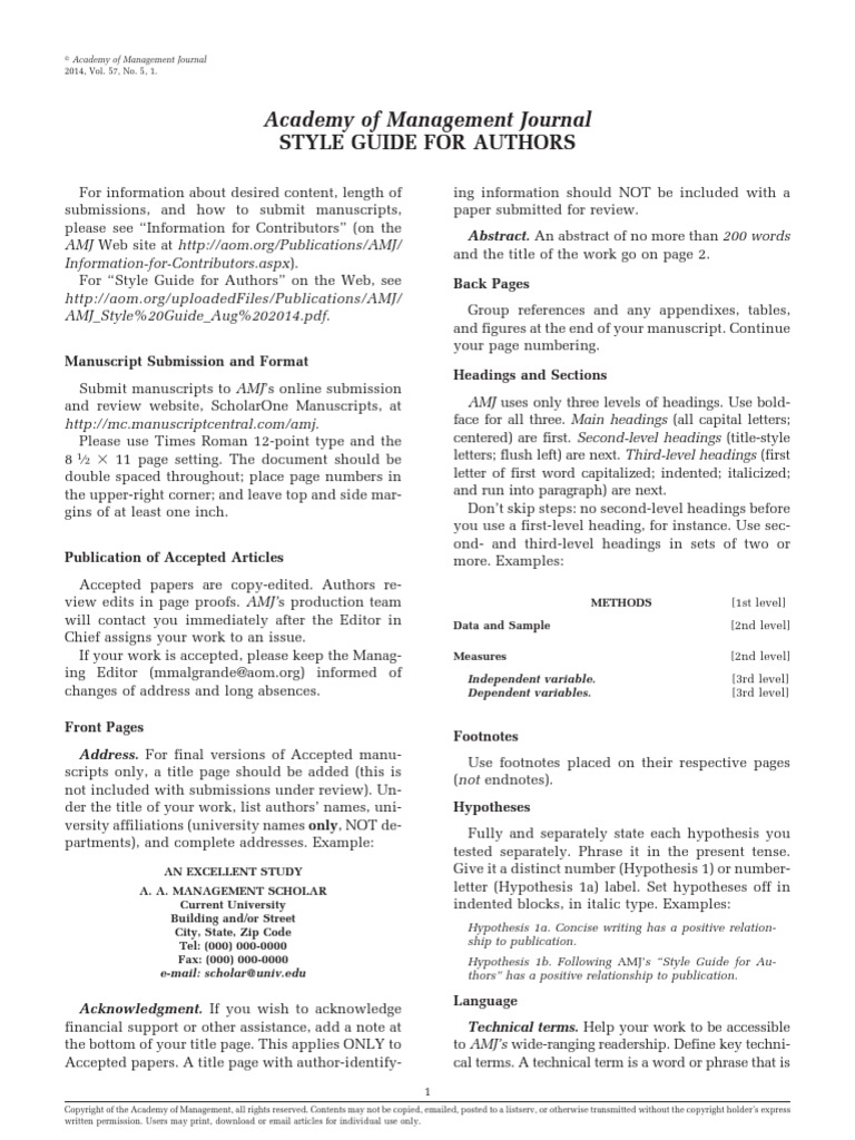 Academy of Management Journal: Style Guide For Authors | PDF