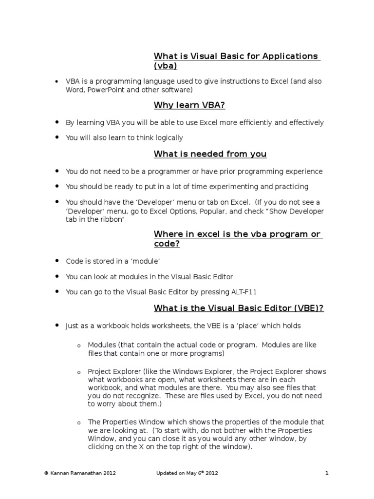 VBA Primer | PDF | Visual Basic For Applications | Microsoft Excel