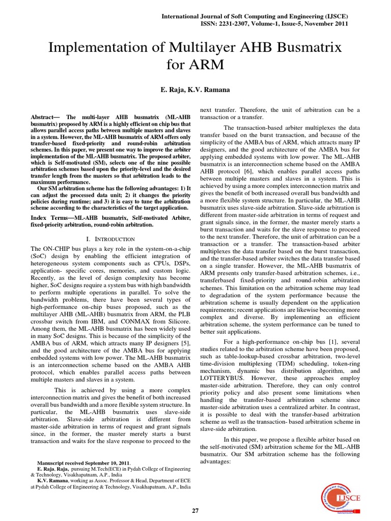 Implementation of Multilayer AHB Busmatrix For ARM: E. Raja, K.V ...