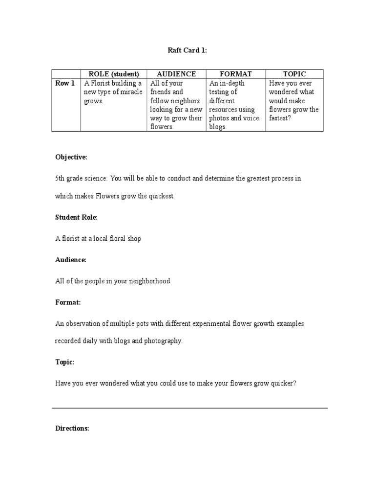 Raft Card 1: ROLE (Student) Audience Format Topic Row 1 | PDF