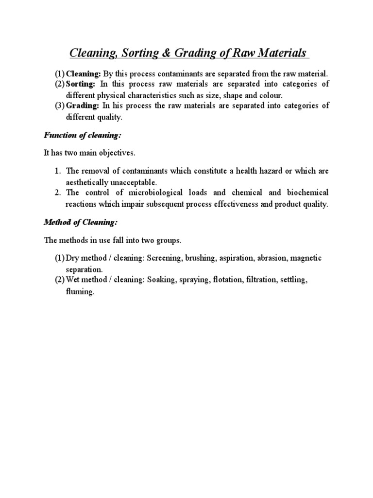 Cleaning, Sorting & Grading of Raw Materials | PDF