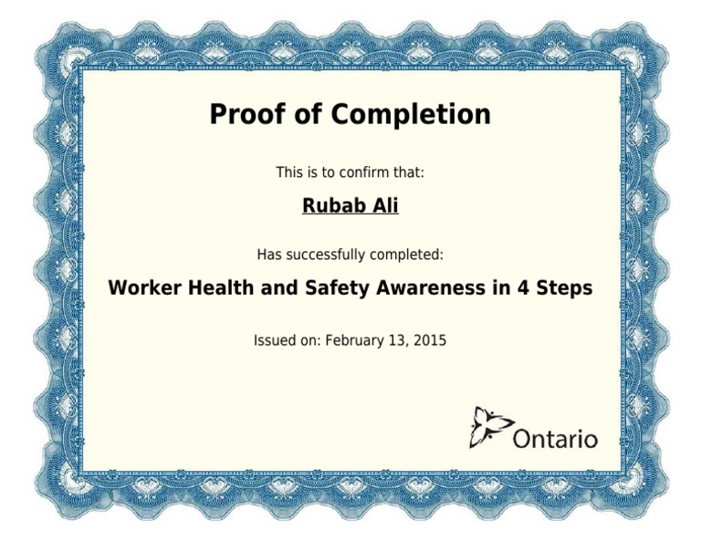 Rubab Ali - Worker Health and Safety Awareness in 4 Steps Certificate | PDF