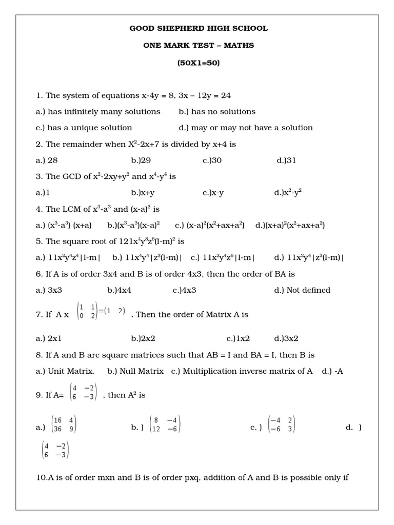 Tamil Nadu Maths Samacheer Kalvi 1 Marks | PDF | Coefficient Of ...