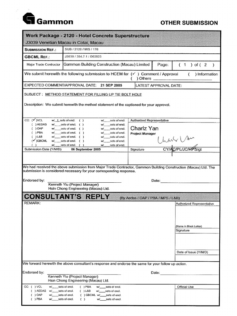 Method Statement For Filling Up Tie Bolt Hole | PDF