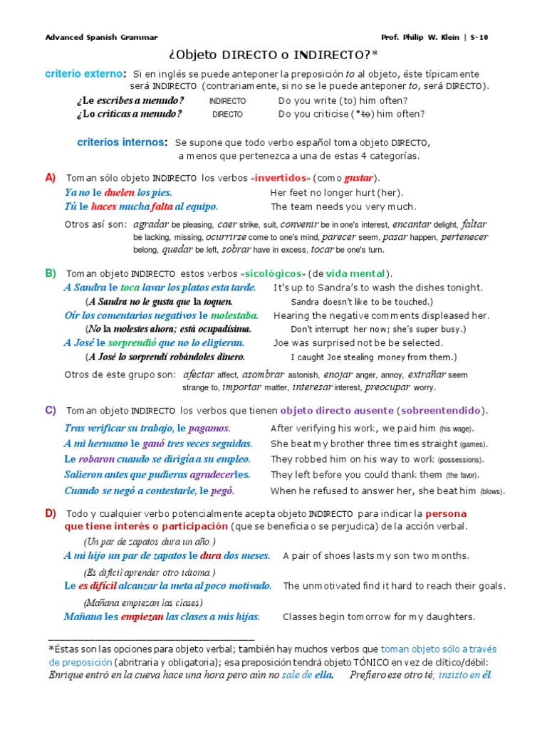Objetos Directos e Indirectos en Español | PDF | Objeto (gramática ...