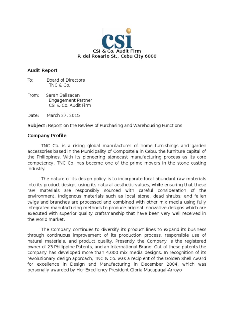 Csi Audit Report Final | Inventory | Warehouse