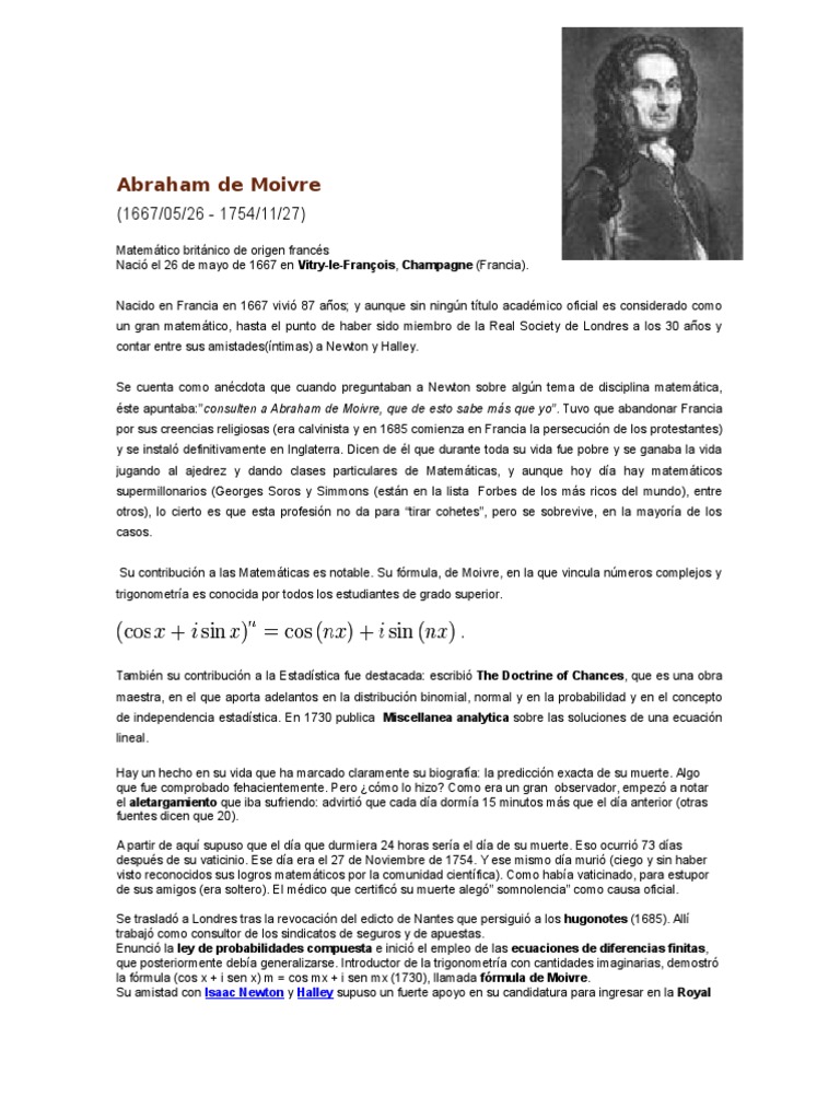 Aportaciones de Abraham de Moivre | PDF | Número complejo | Enseñanza ...