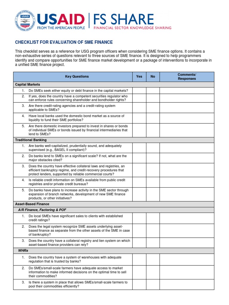 SME Finance - Diagnostic Checklist | PDF | Credit (Finance) | Banks