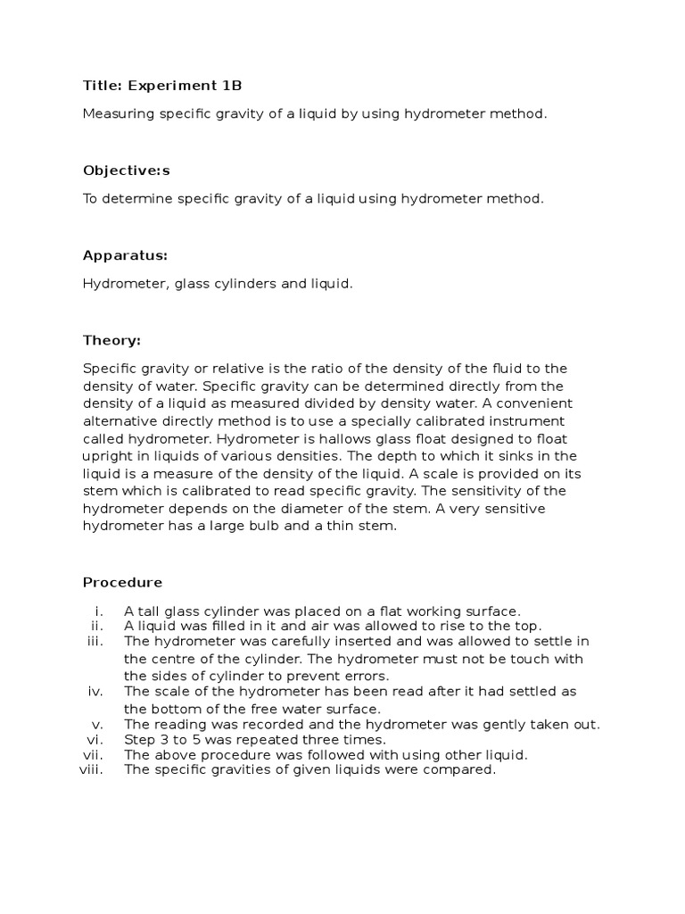 (Lab Report Operation Unit) Experiment 1 (B) Measuring Specific Gravity of A Liquid by Using ...