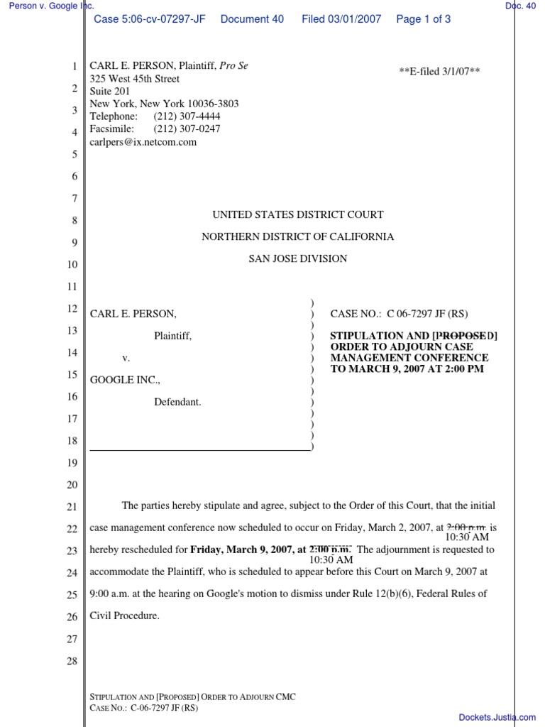 Adjournment of Case Management Conference | PDF | Pro Se Legal ...