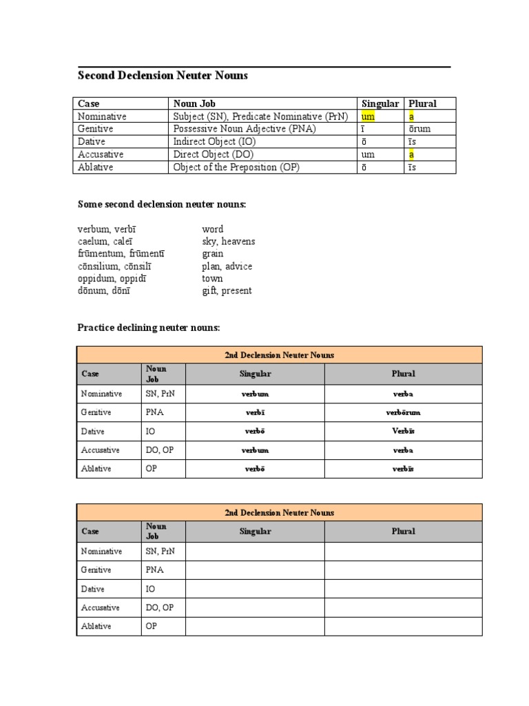 Second Declension Neuter Nouns Guide | PDF