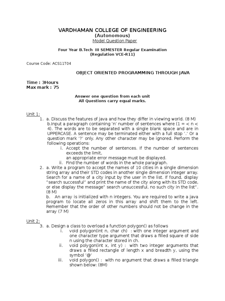 Vce R11 Btech Iii Semester Object Oriented Programming Through Java Model Question Paper Pdf