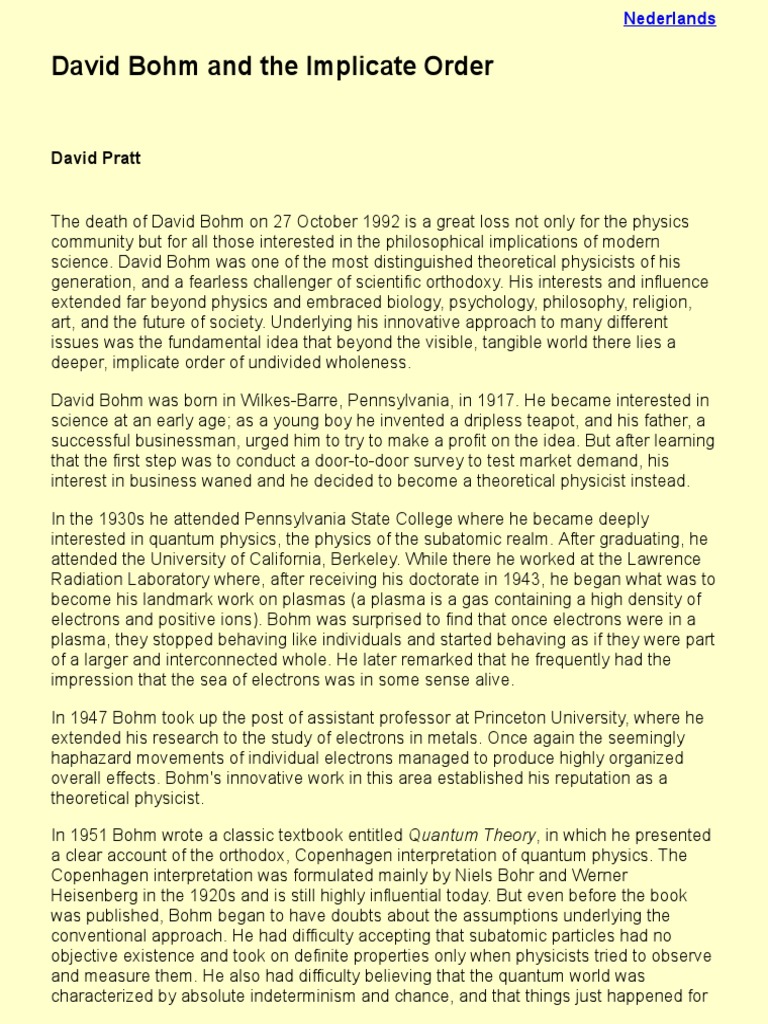 David Bohm and the Implicate Order: Exploring a Theoretical Physicist's ...