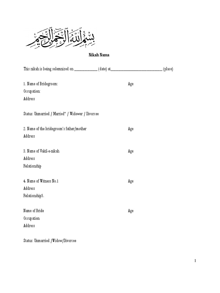 Pakistan Nikah Nama Form | PDF
