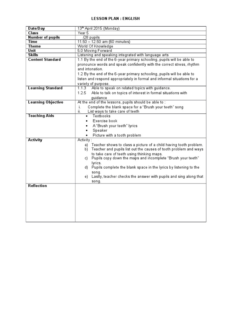 Year 5 English Lesson Plan: Teeth Care | PDF