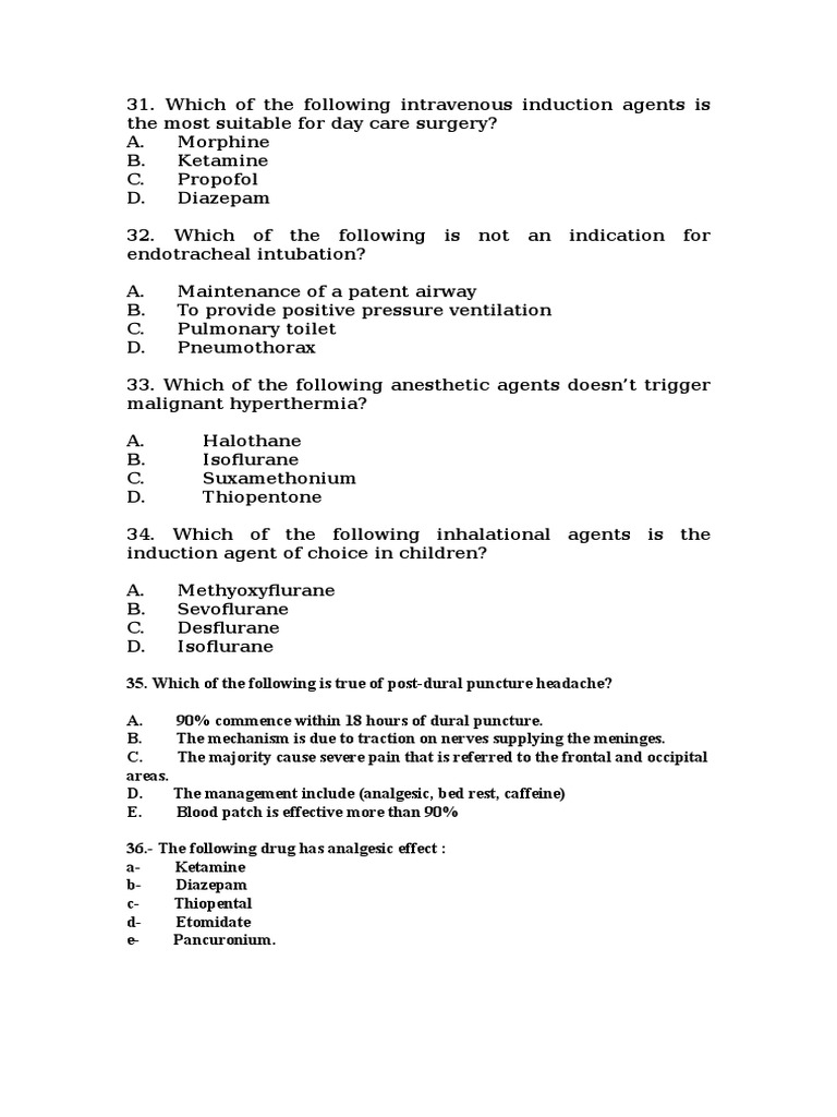 Pediatric Anesthesia MCQs and Answers | PDF | Anesthesia | Clinical ...