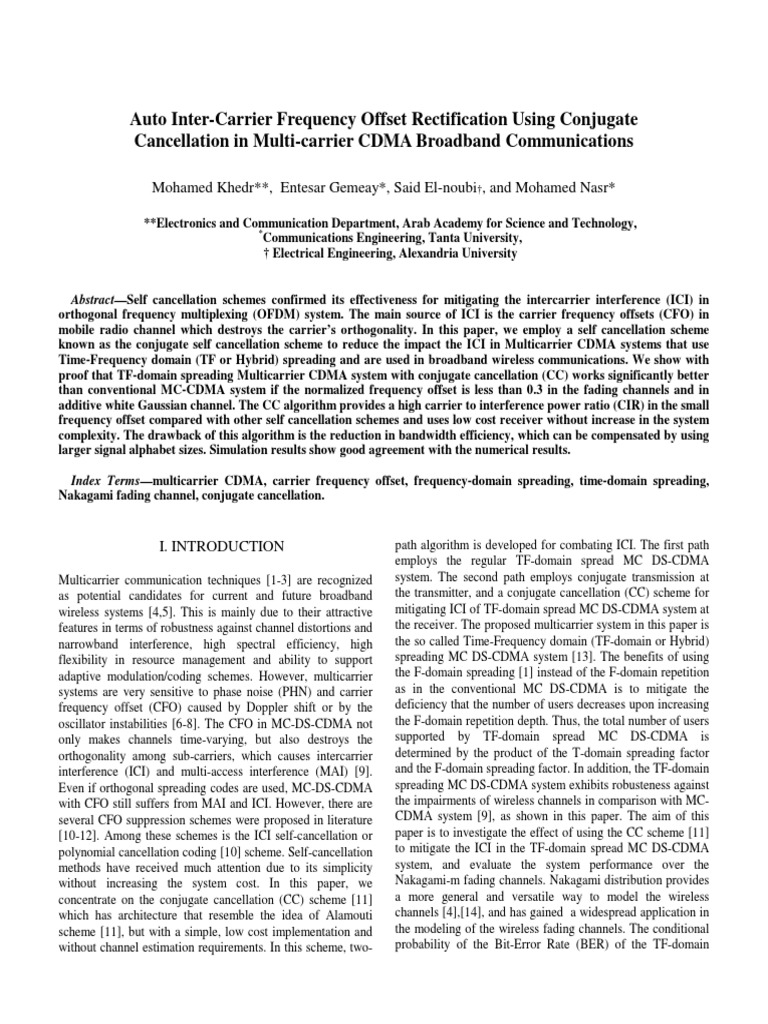 Auto Inter-Carrier Frequency Offset Rectification Using Conjugate Cancellation in Multi-Carrier ...