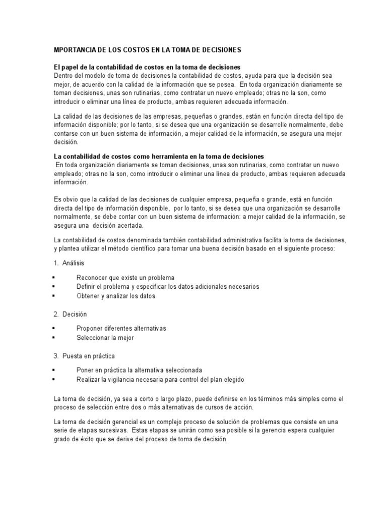 Costos en la Toma de Decisiones Empresariales | PDF | Toma de ...