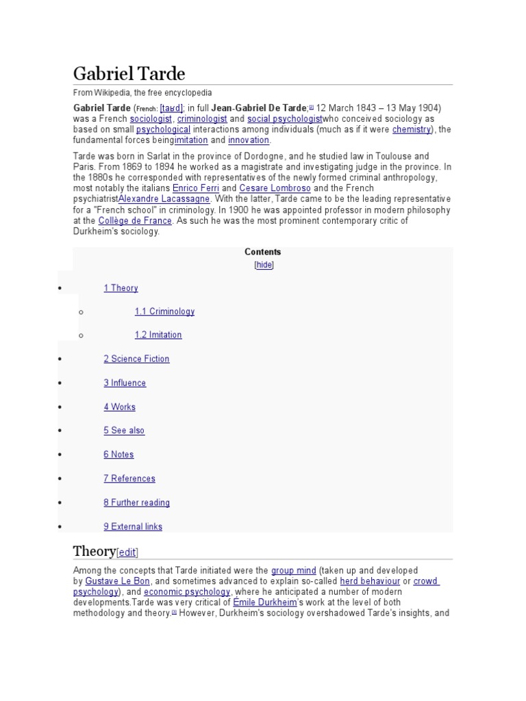 Gabriel Tarde Bio | PDF | Psychological Concepts | Academic Discipline ...