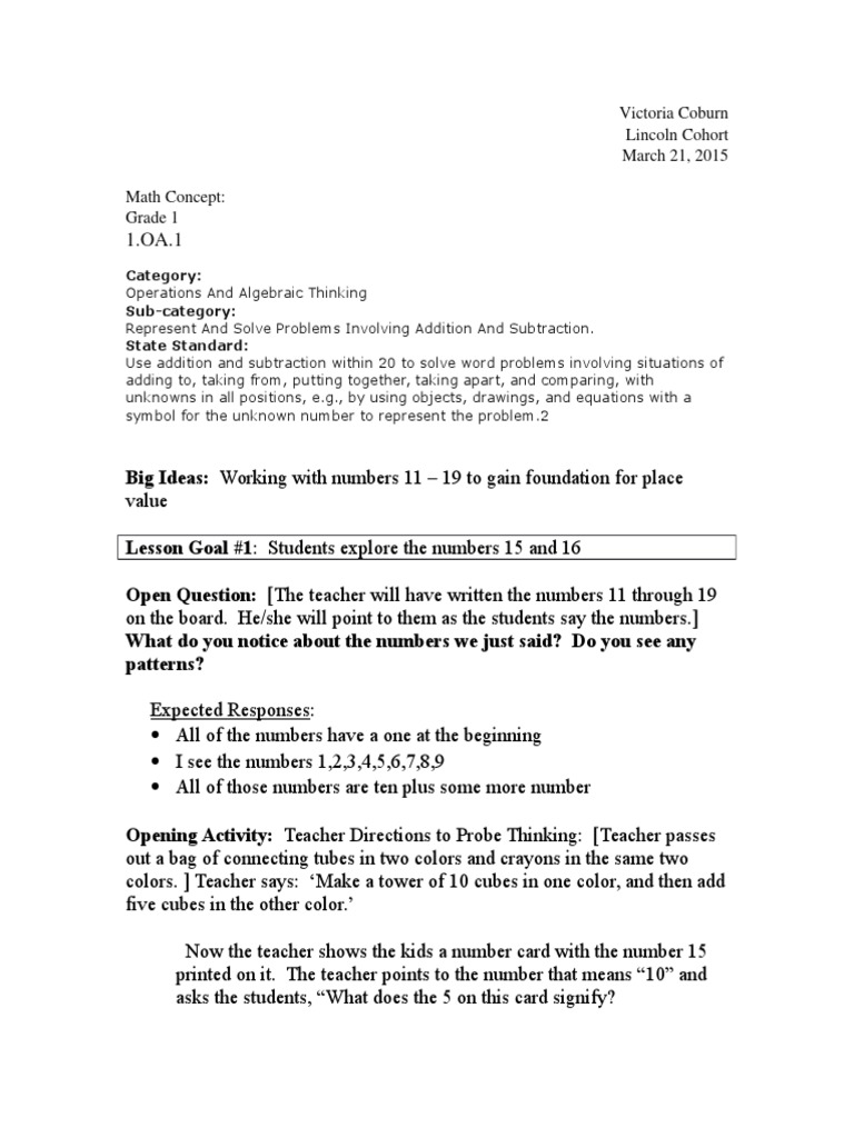 Victoria Coburn Lincoln Cohort March 21, 2015 Math Concept: Grade 1 ...