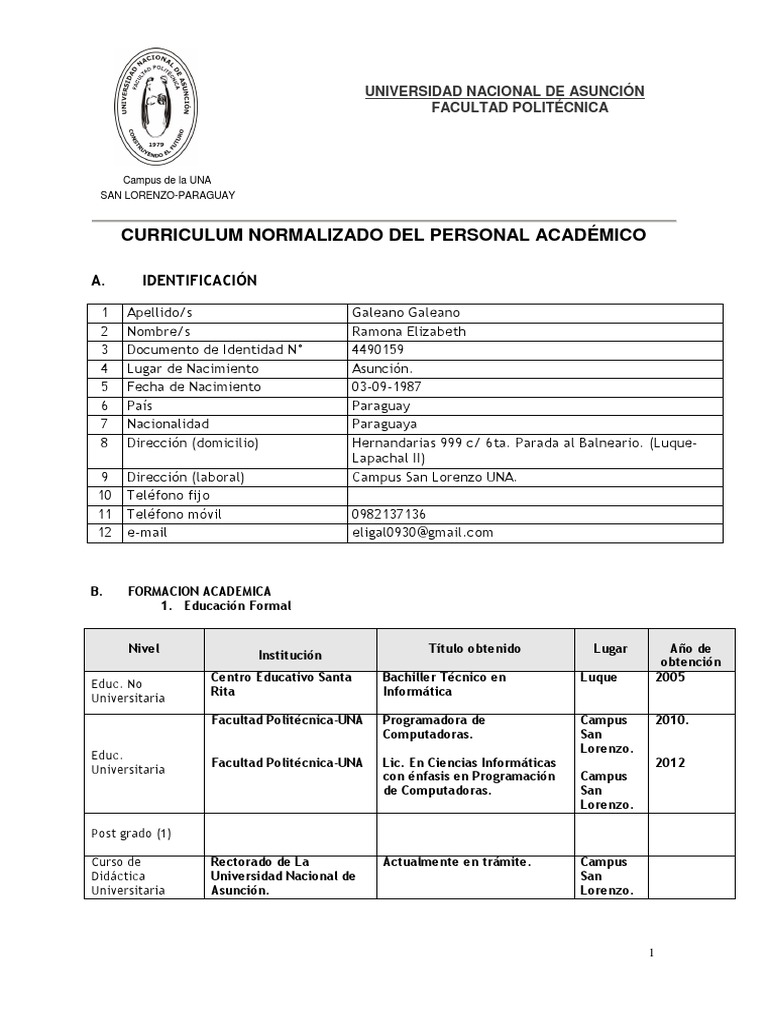 MODELO CURRICULUM VITAE Normalizado Facultad Politecnica | Universidad ...