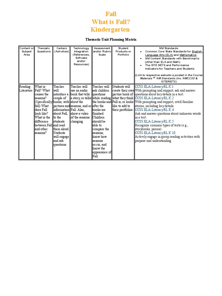 Fall Thematic Unit for Kindergarten | PDF