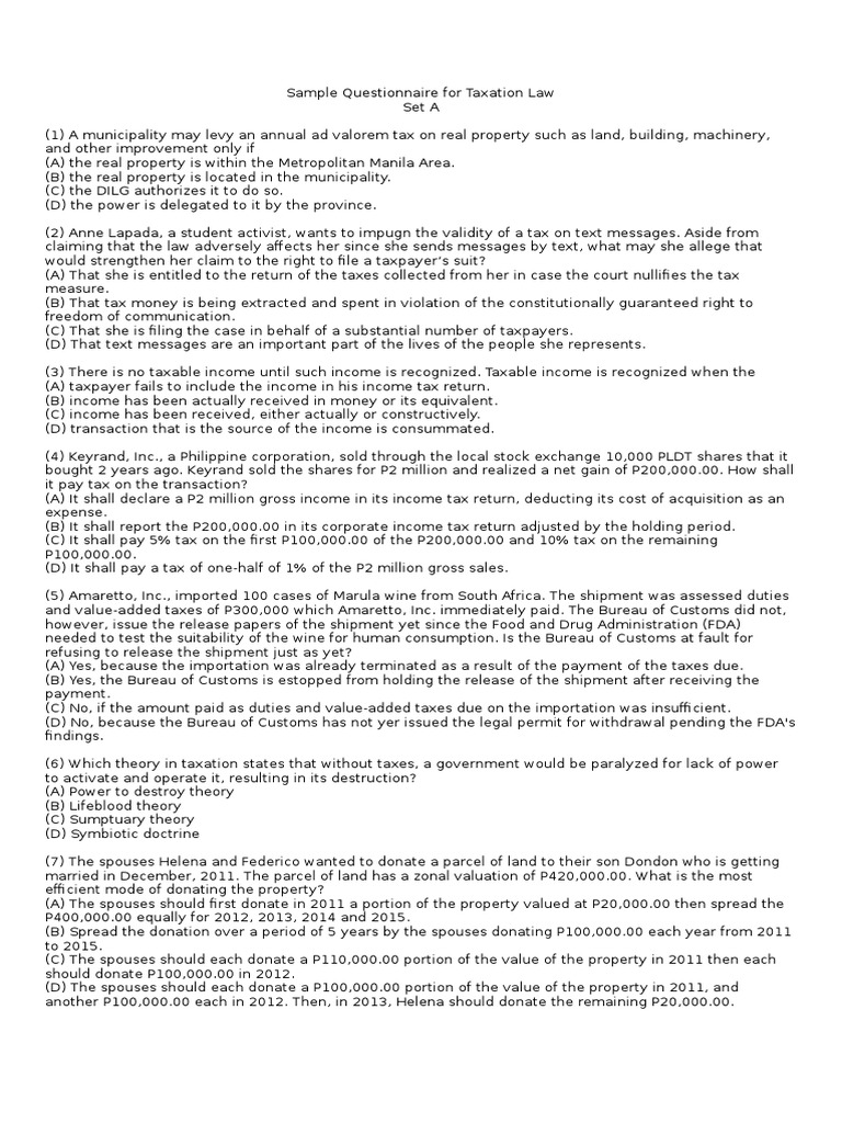 Sample Questionnaire For Taxation Law | PDF | Taxation In The United ...